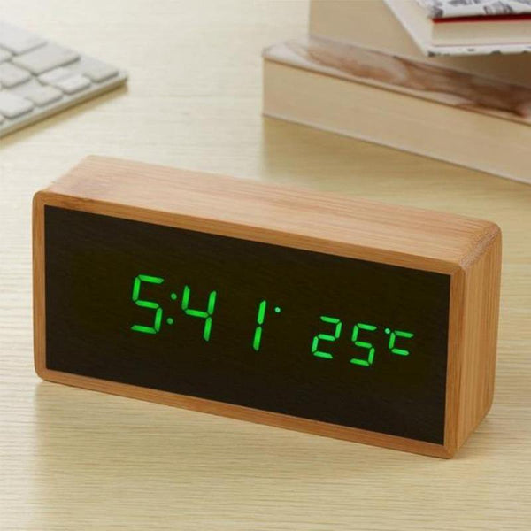 Bamboo Rectangular Digital Clock | Alarm Clock Temperature Check ...